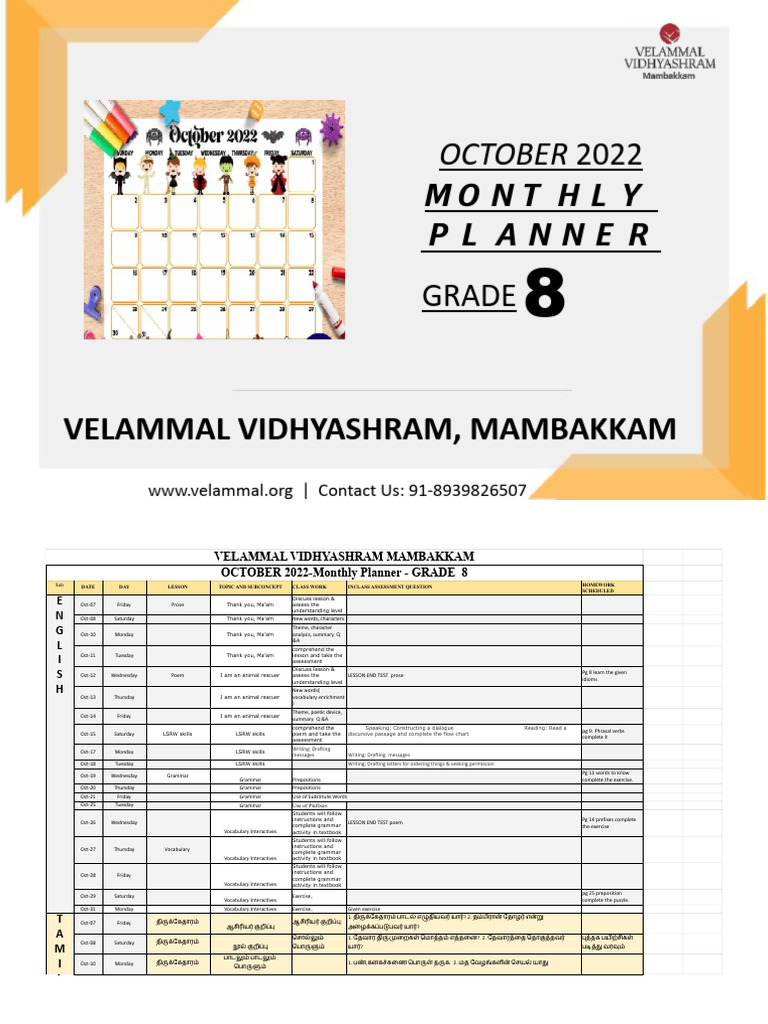 Grade 8 October Planner | PDF