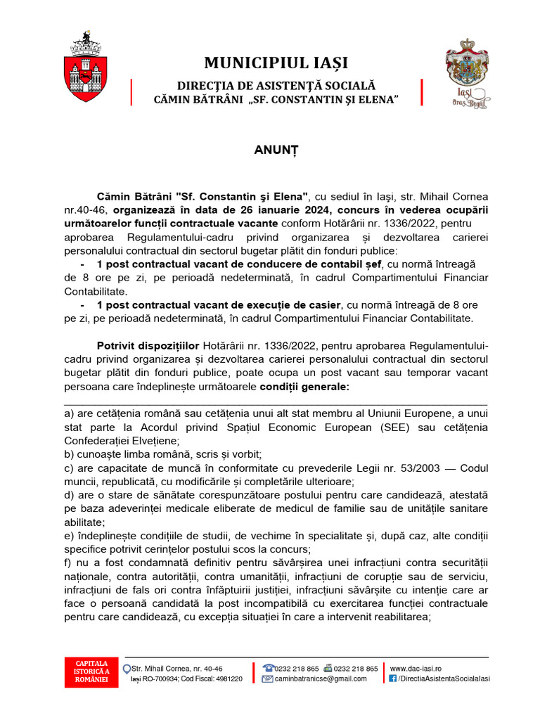 Anunt Concurs 26 Ianuarie 2023 Camin Batrani SF Ctin Si Elena | PDF
