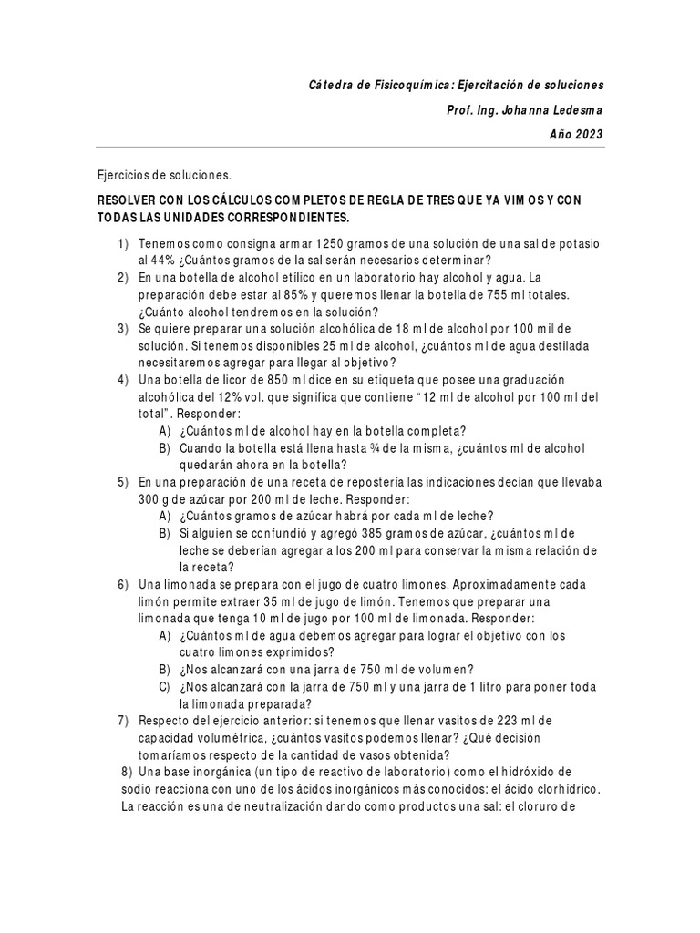 Ejercitaci - N de Soluciones Con Regla de Tres-1 | PDF