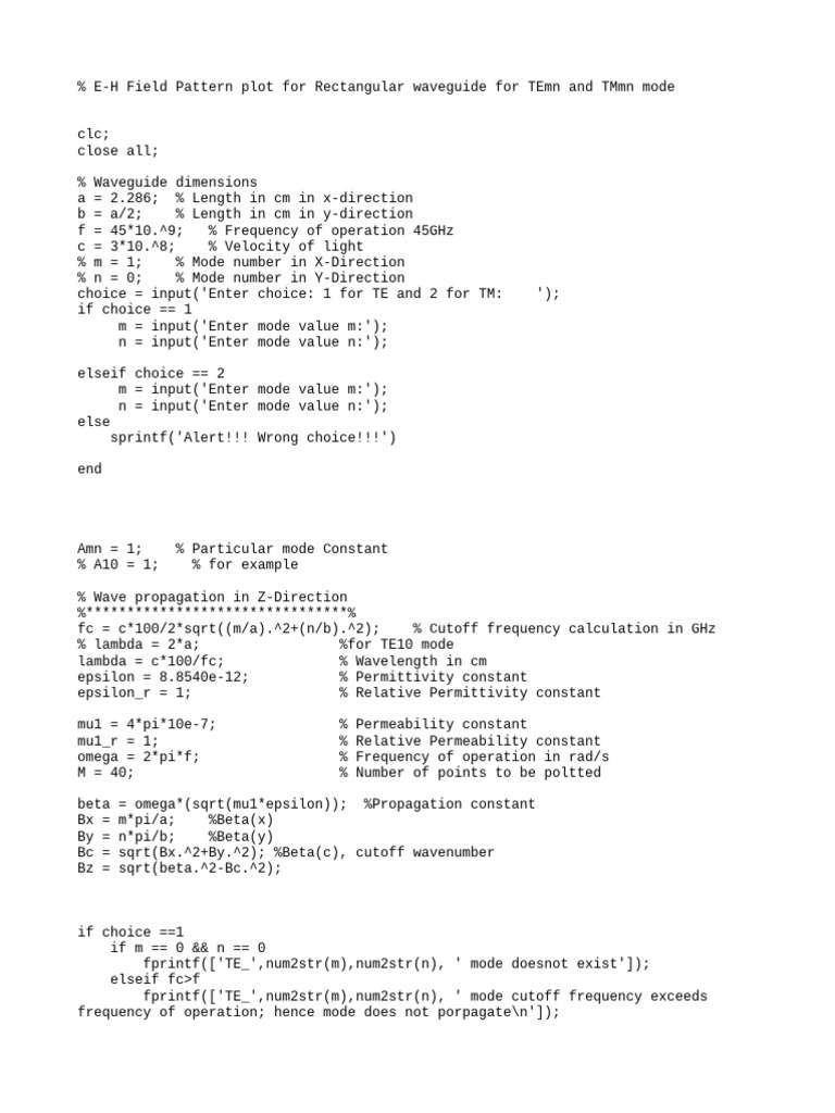 Rectangular Waveguide TE TM MN Mode E H Field Pattern Plot | PDF