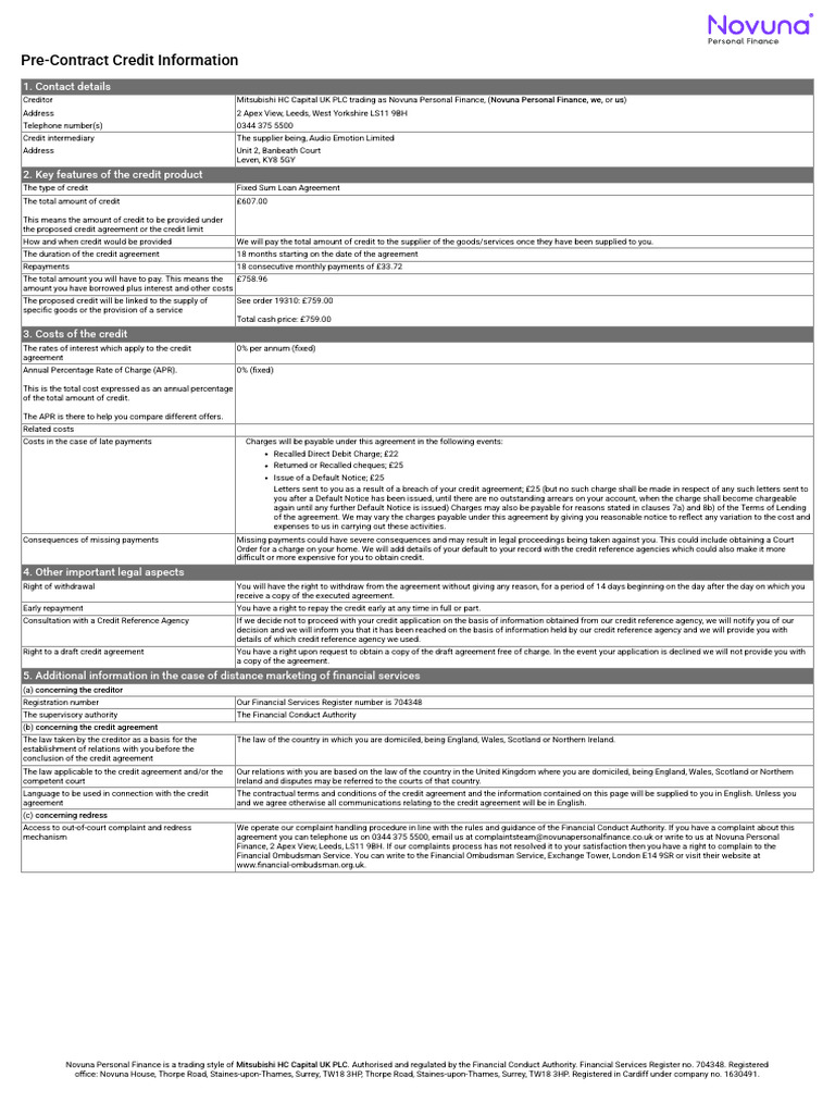 Novuna Personal Finance Agreement Details | PDF