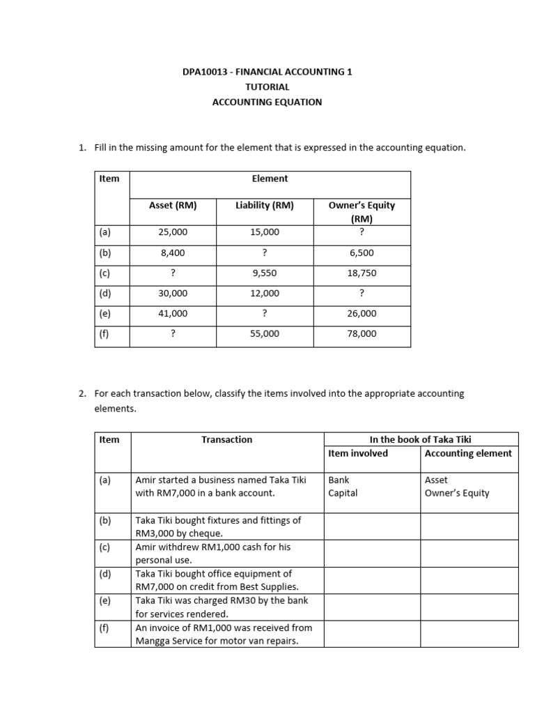 Tutorial Accounting Equation - DPA10013 | PDF | Finance & Money Management