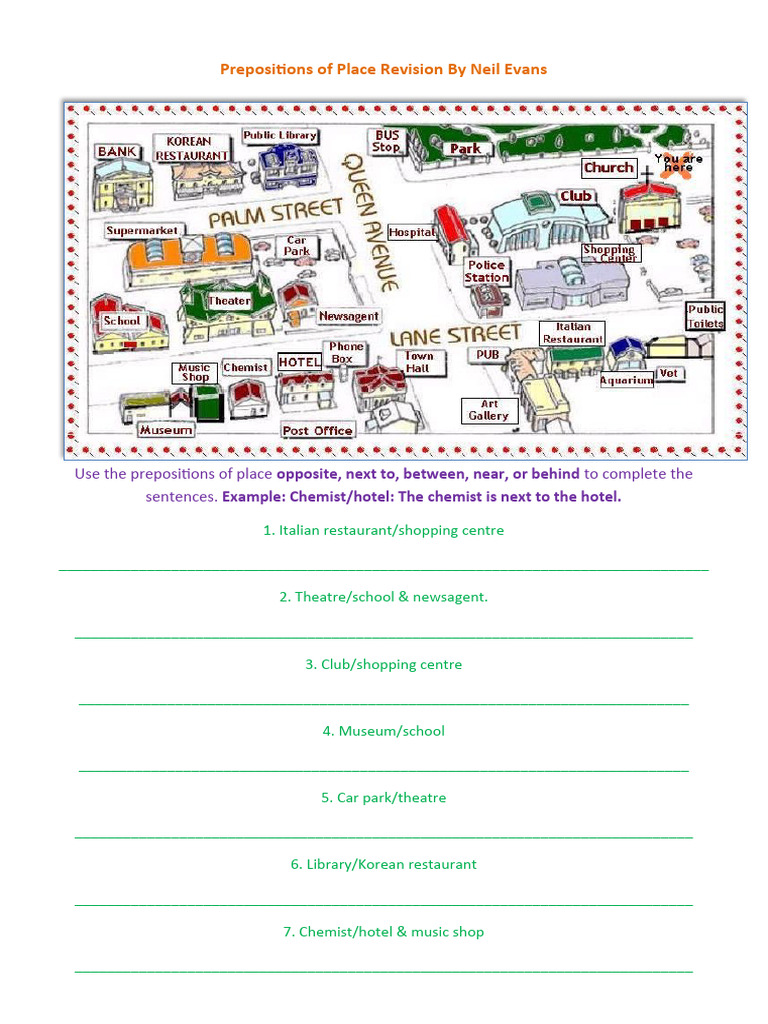 Prepositions of Place in Town Picture Description Exercises 107201 | PDF