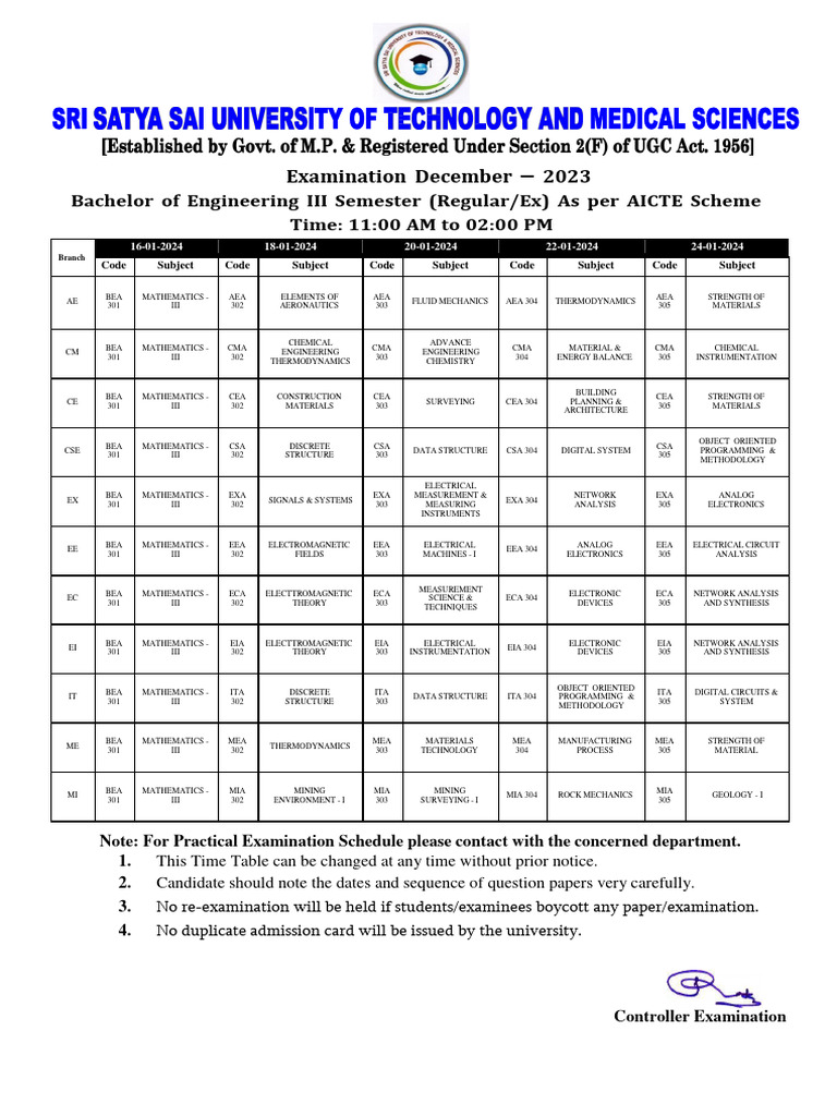 Bachelor of Engineering Time Table | PDF