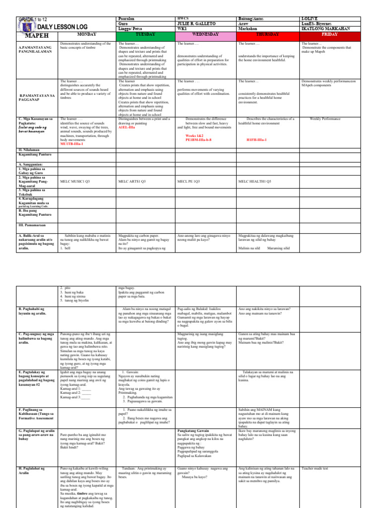 DLL Mapeh W1 - Q3 | PDF