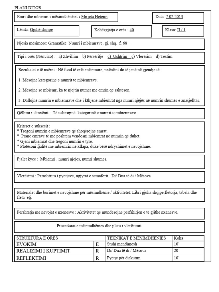 Plani Ditor Me Daten 7.02.2013 Gjuh Shqipe - Ushtrime | PDF