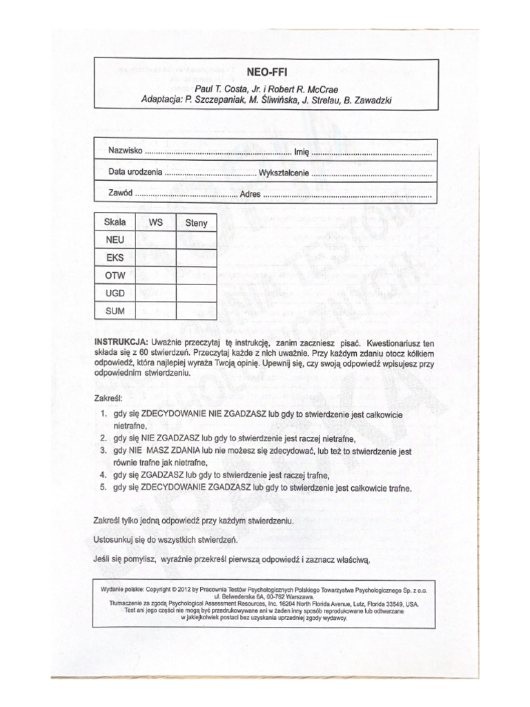NEO FFI Arkusz | PDF
