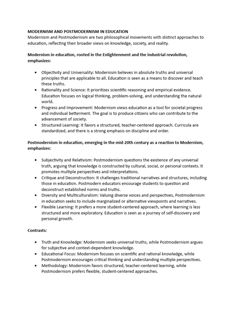 MODERNISM AND POSTMODERNISM IN EDUCATION | PDF | Postmodernism | Knowledge