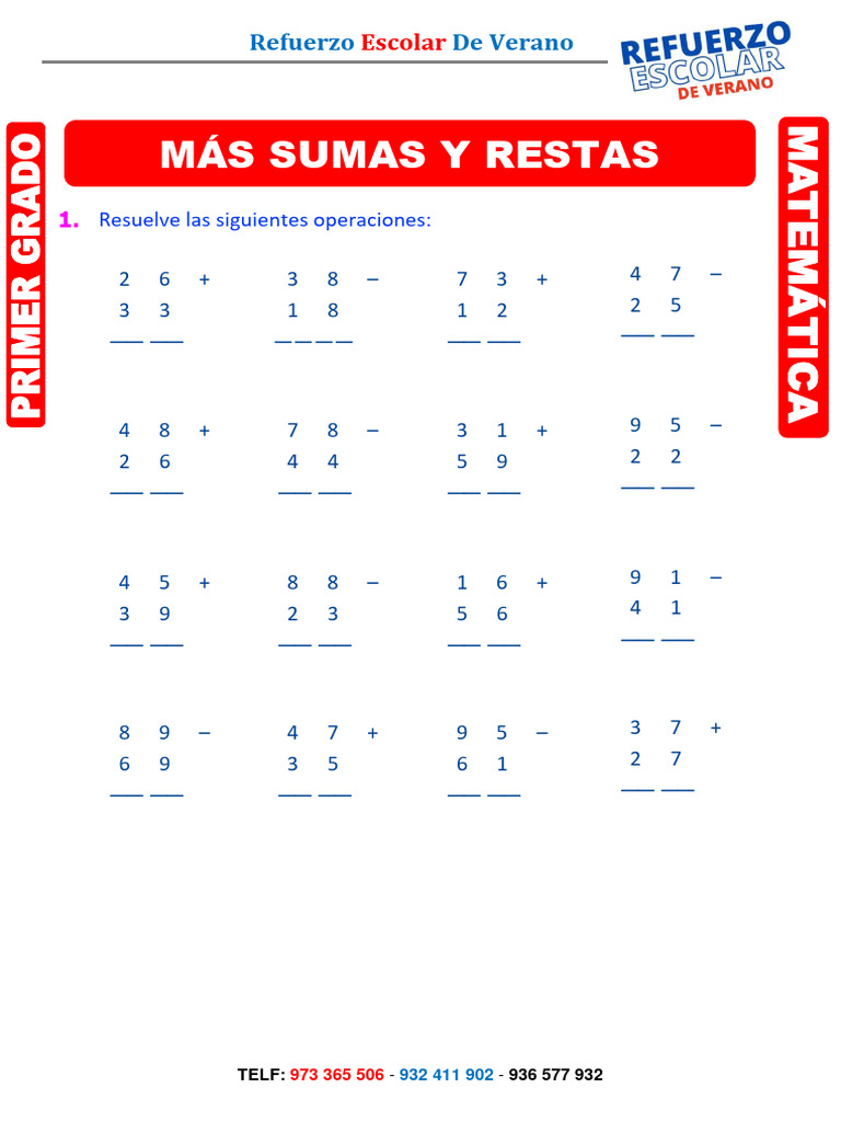 Ejercicios De Sumas Y Restas Para Primer Grado De Primaria Pdf
