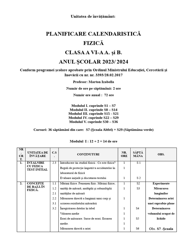 Planificare Calendaristica CL A Via 2023 2024 | PDF