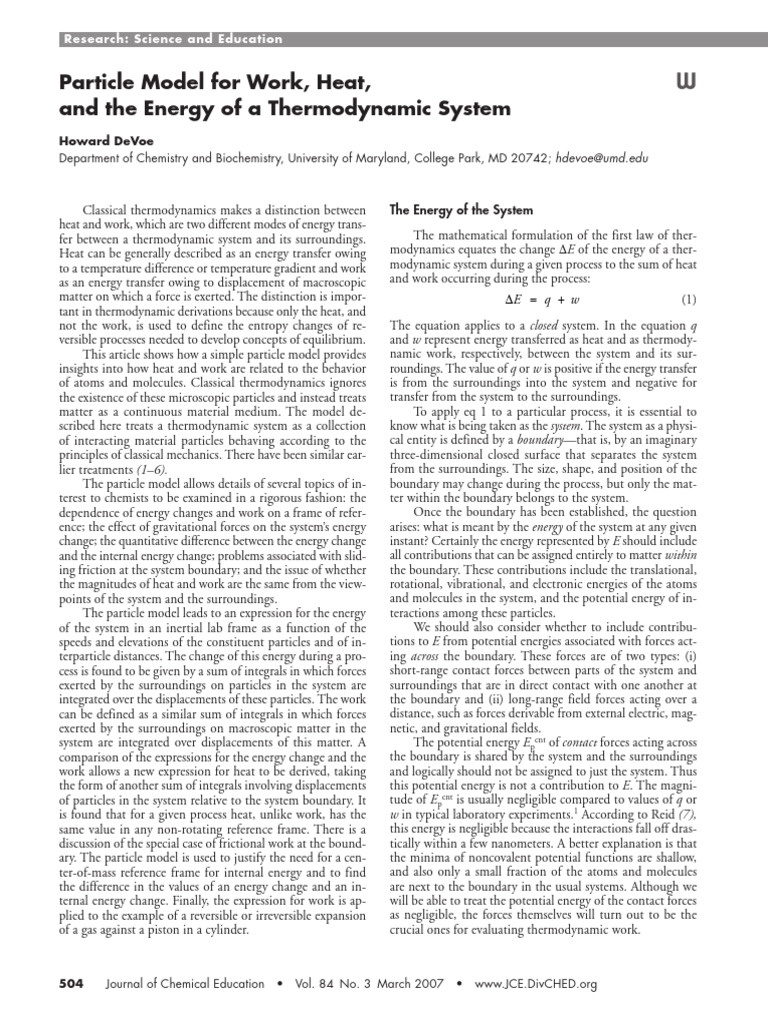 H. DeVoe - Particle Model For Work, Heat, and The Energy of A ...