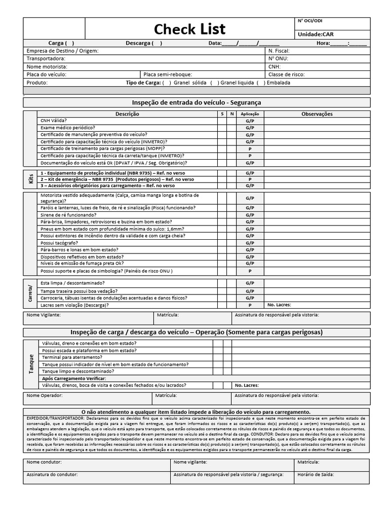 Check List - Carregamento | PDF