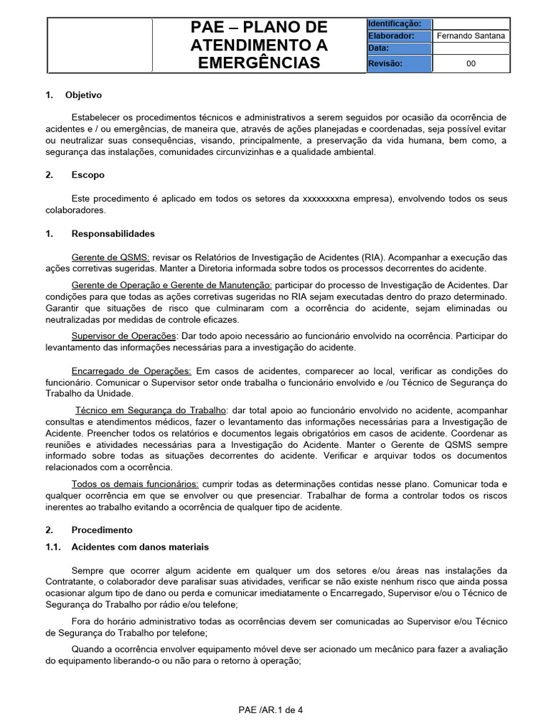 Pae - Plano de Atendimento A Emergências: 1. Objetivo | PDF