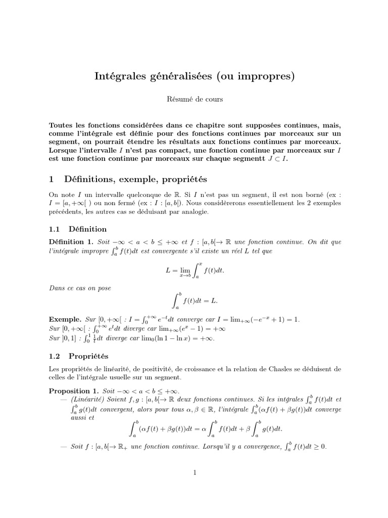 Intégrales généralisées : définitions et propriétés | PDF | Intégral ...