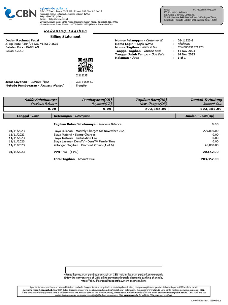 CBN Billing Statement for November 2023 | PDF