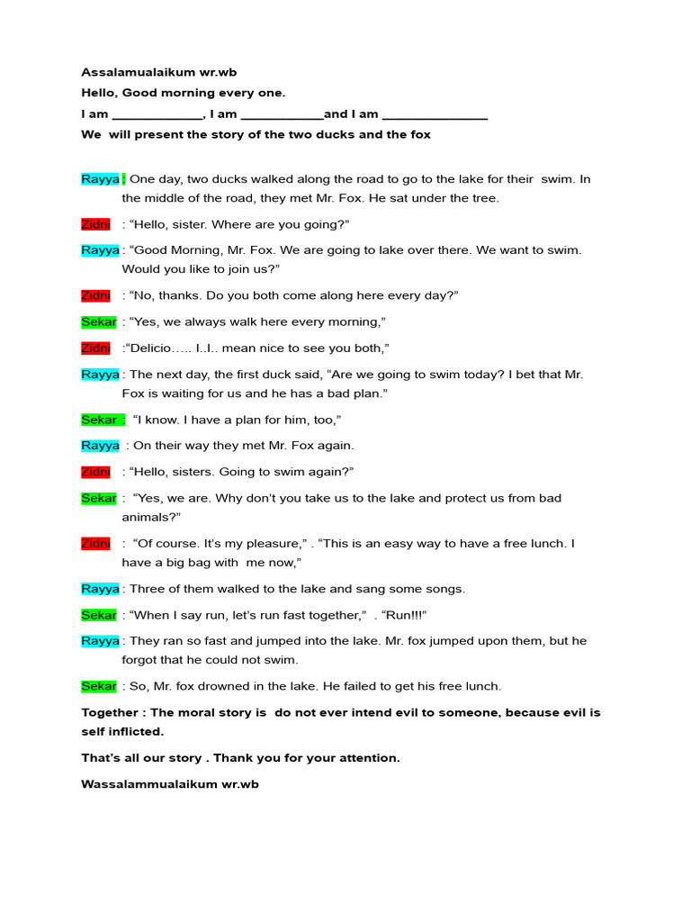 The Two Ducks and the Fox Story | PDF
