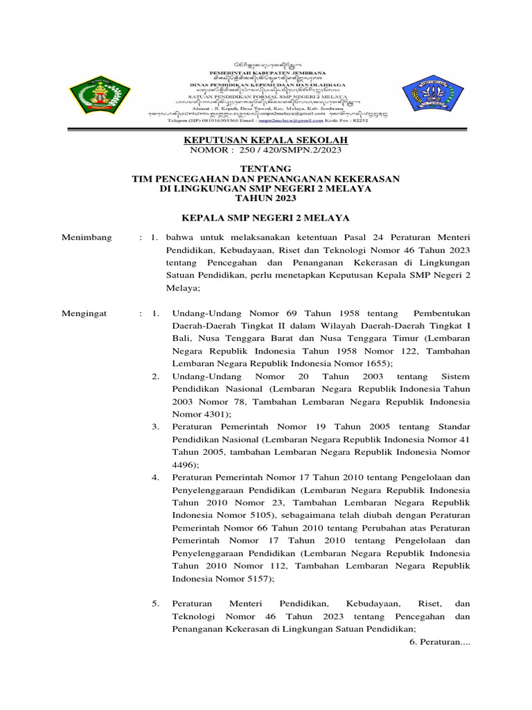 SK Tim Pencegahan Tindak Kekerasan Di Sekolah 2023 | PDF