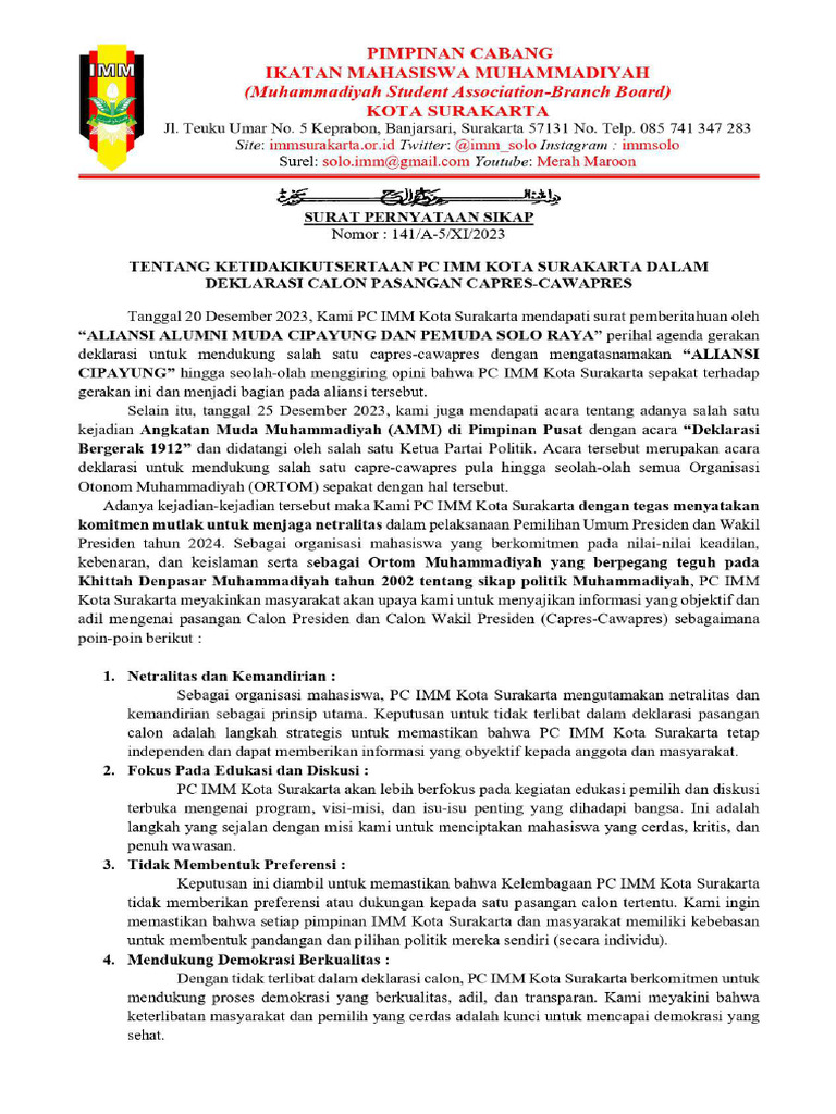 Surat Pernyataan Sikap PC Imm Kota Surakarta Tentang Ketidakikutsertaan PC Imm Kota Surakarta ...