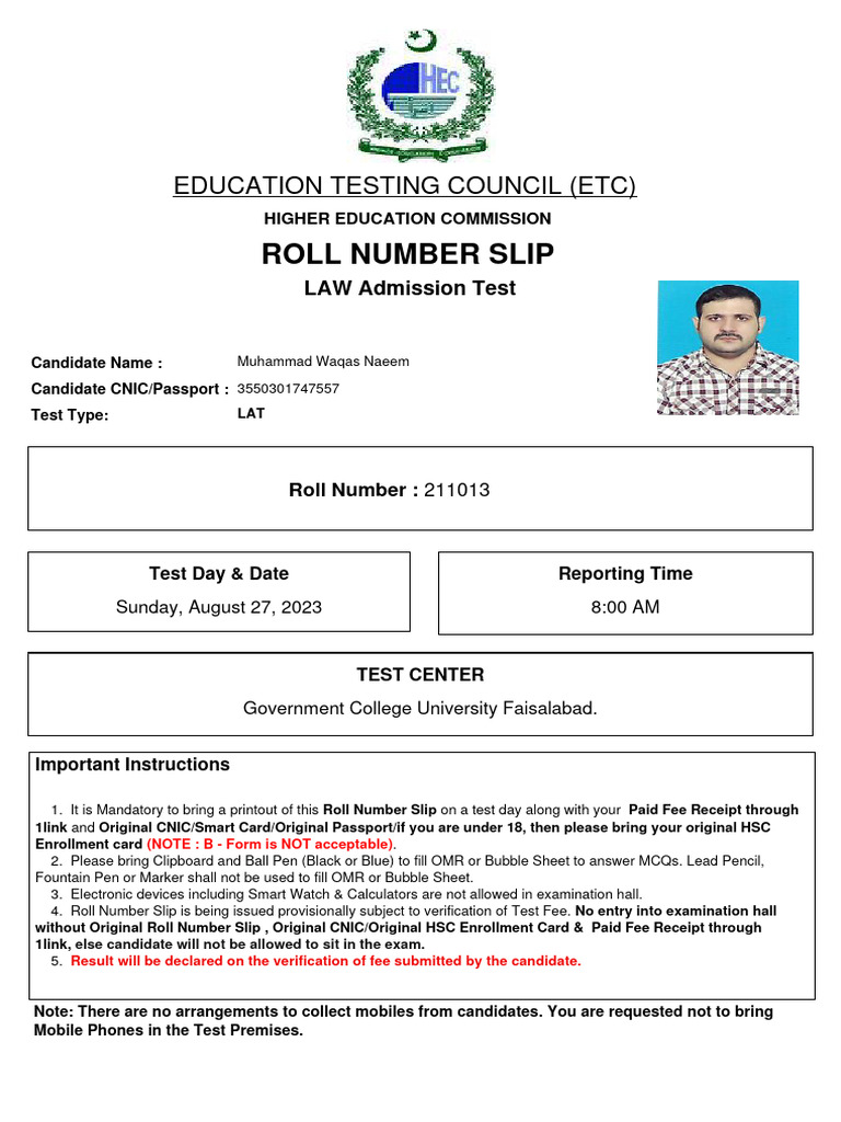 Etc Roll Number Slip Lat | PDF
