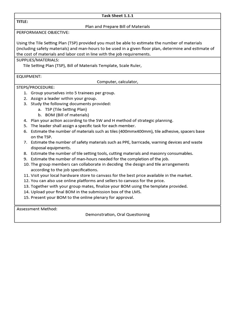 Tile Setting BOM Planning Guide | PDF | Career & Growth