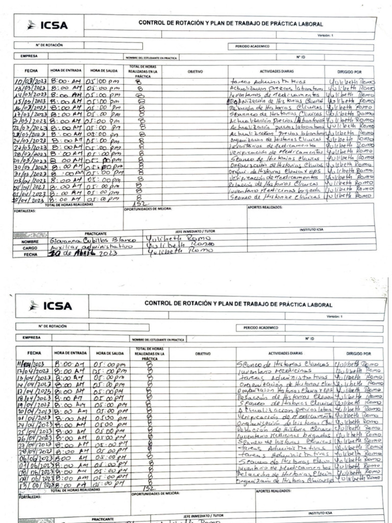 Planillas de Practicas Giovanna Cubillos | PDF