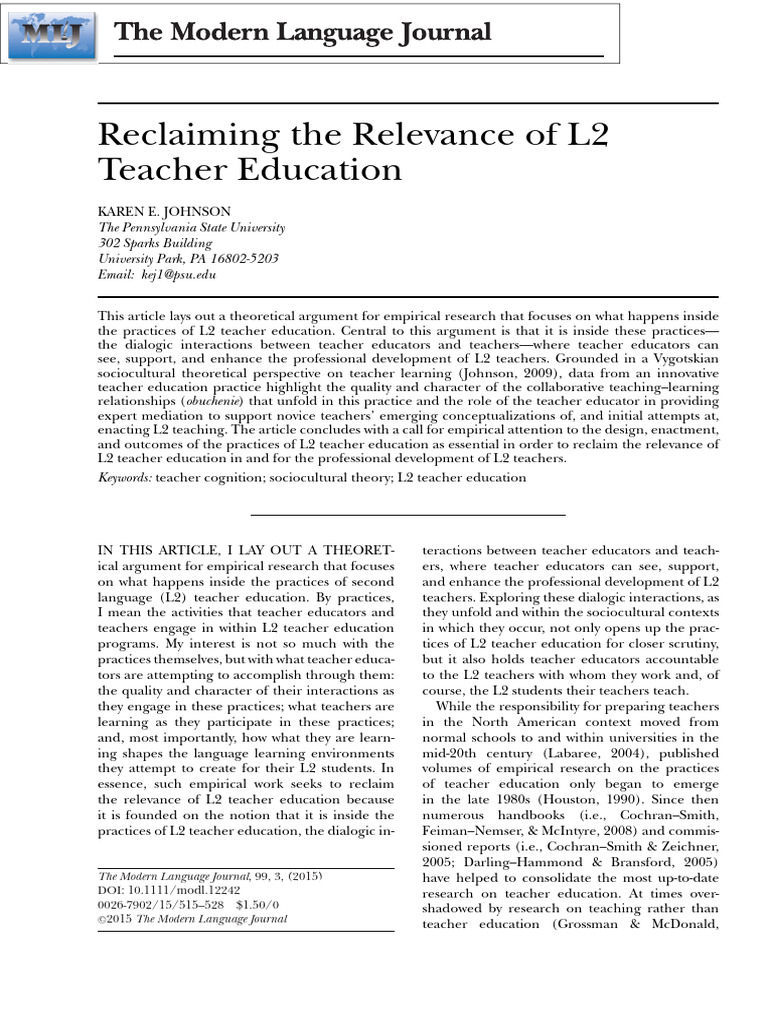 2015 Johnson Reclaiming The Relevance of L2 Teacher Education | PDF ...