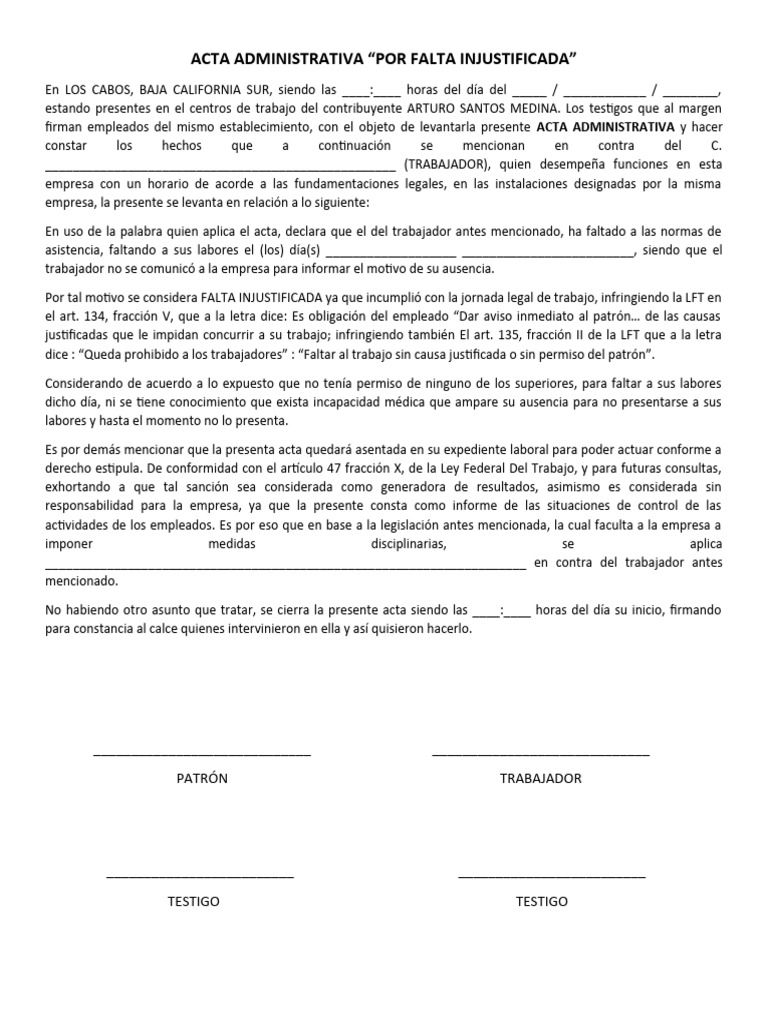 Acta por Falta Injustificada Laboral | PDF