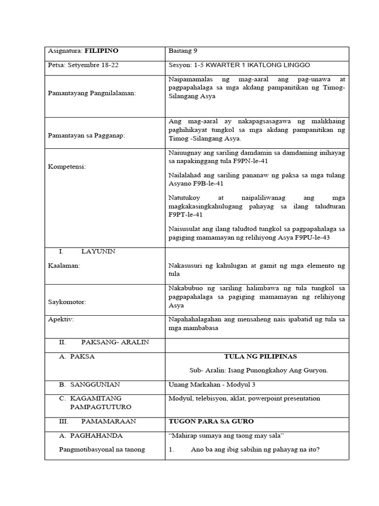 Lesson Plan _g9q1w3 Tula | PDF