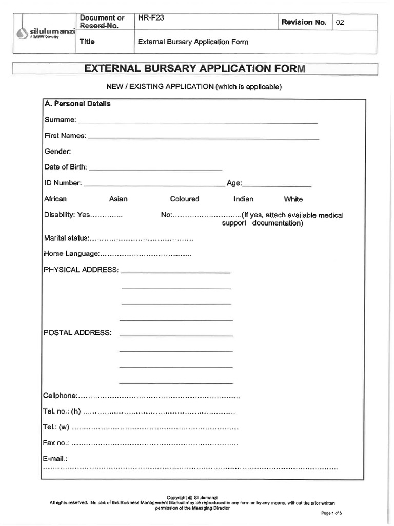 Silulumanzi Bursary Application Form 2024 | PDF