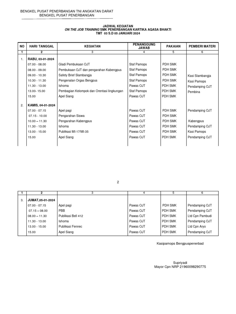 JADWAL MINGGUAN OJT SMK | PDF