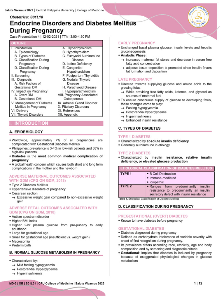 Trans SaVi Lec18 Obstetrics Endocrine Disorder and DM During Pregnancy 1st Semester | PDF