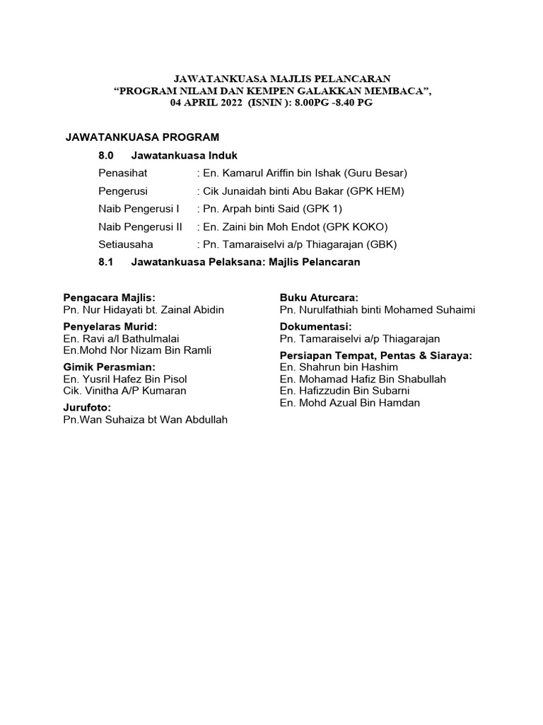 Jawatankuasa Majlis Pelancaran Nilam | PDF
