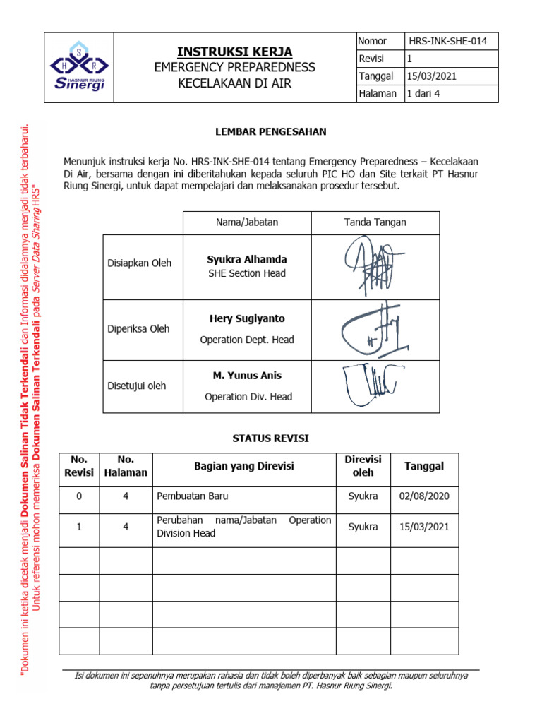 HRS-INK-SHE-014 Emergency Preparedness - Kecelakaan Di Air - Rev.1 | PDF