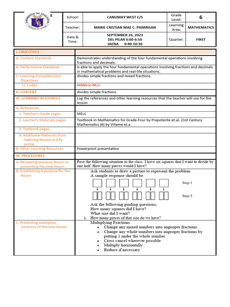 Math6 WK3 Lesson1 Divide Simple Fraction | PDF