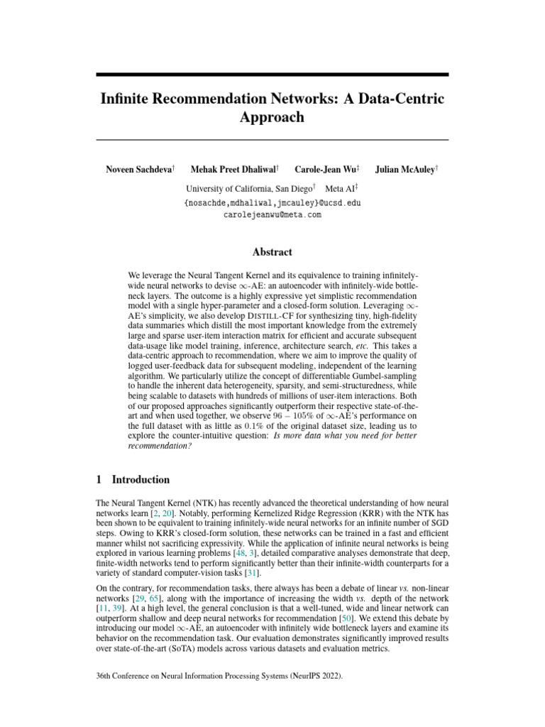 Infinite Recommendation Networks - A Data-Centric Approach | PDF