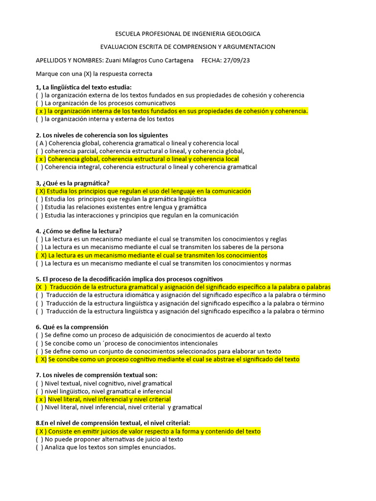 Evaluación de Comprensión y Argumentación | PDF | Estudios de idiomas ...