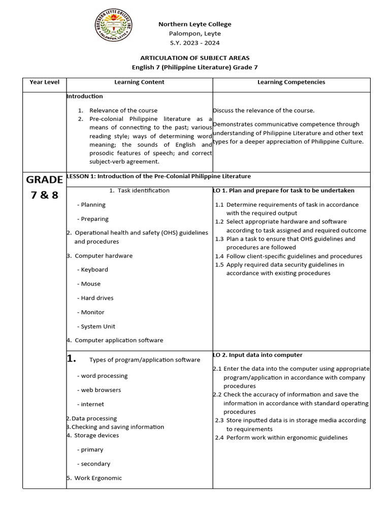 Northern Leyte College Grade 7-8 Curriculum Guide | PDF