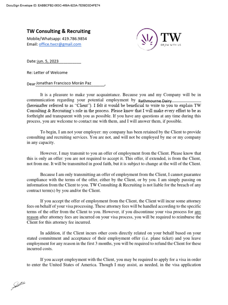 Letter of Welcome - TW Consulting Recruiting | PDF