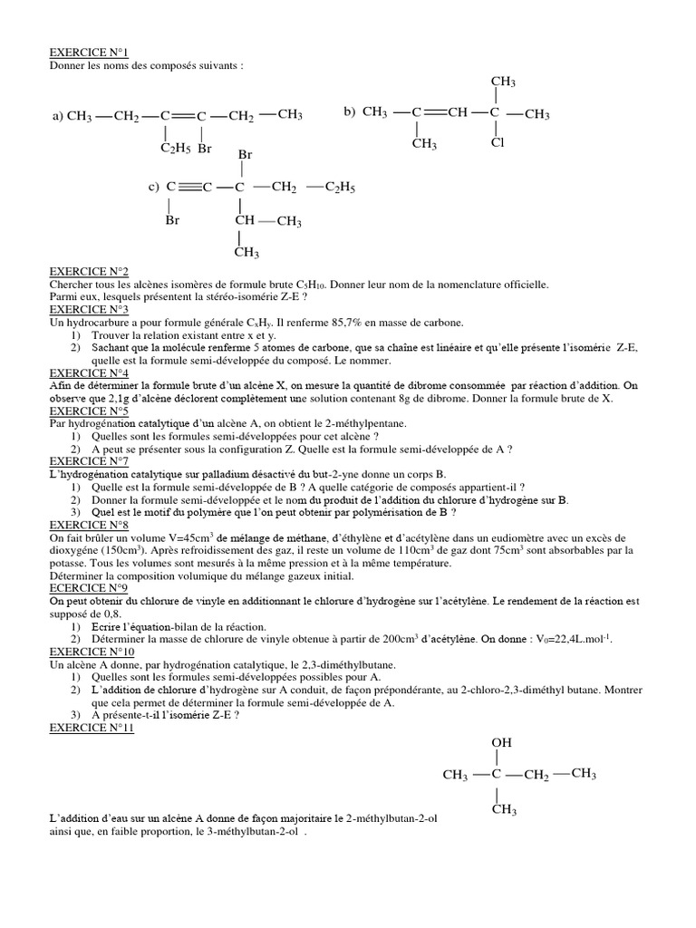 Exercices sur les alcènes et alcynes | PDF | Sciences et mathématiques