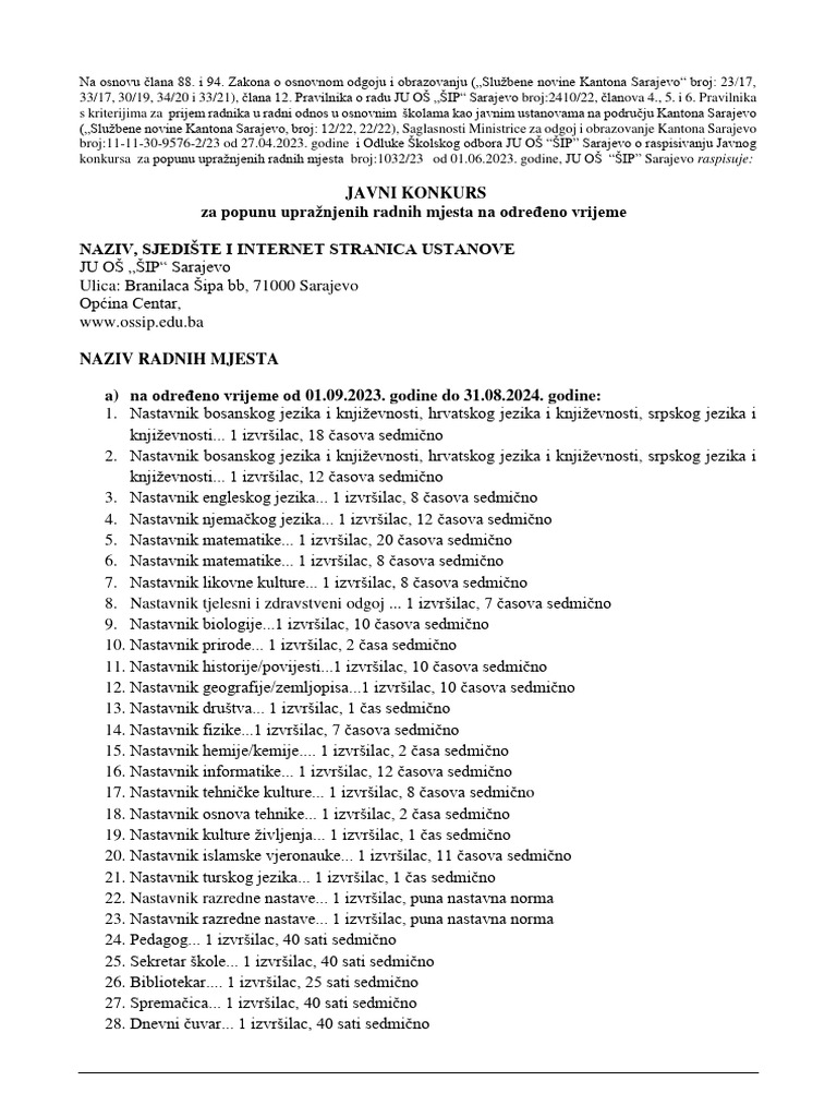 Tekst Javnog Konkursa Ju Os Sip | PDF