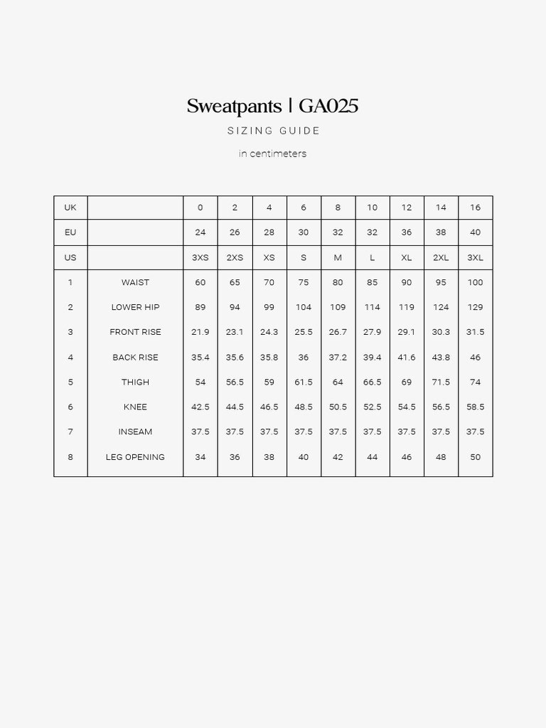Sweatpants Sizing Guide | PDF