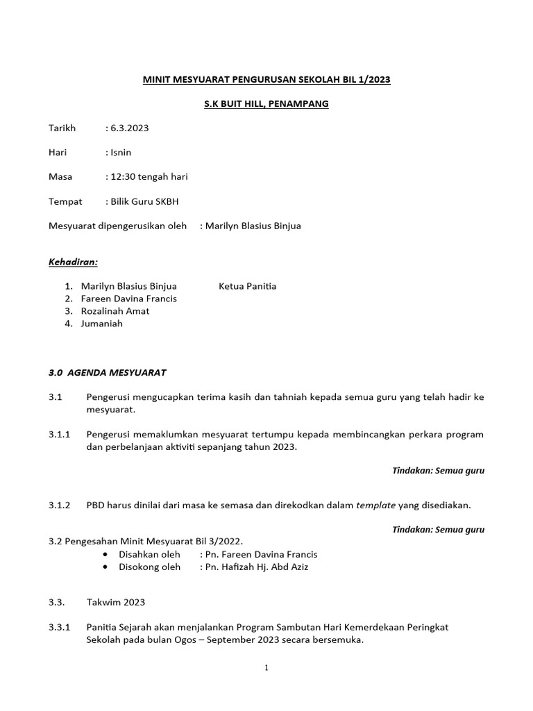 Minit Mesyuarat Panitia Sejarah Bil 1 2023 | PDF