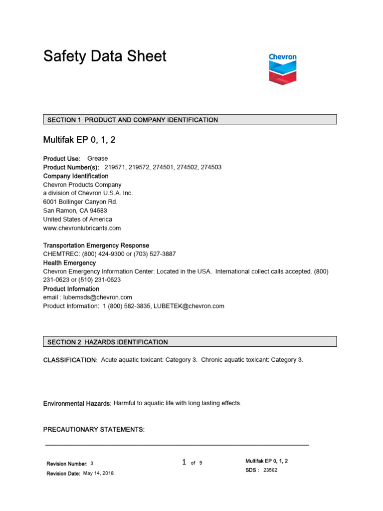 Chevron Multifak Ep2 MSDS | PDF
