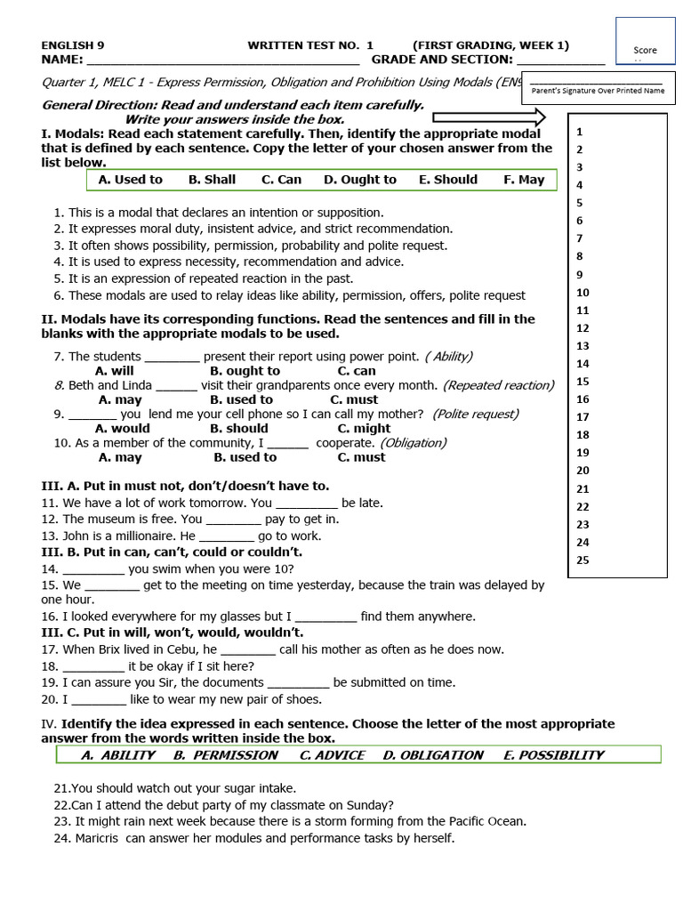 2024 MODAL ENG 9 1st Summative Test | PDF
