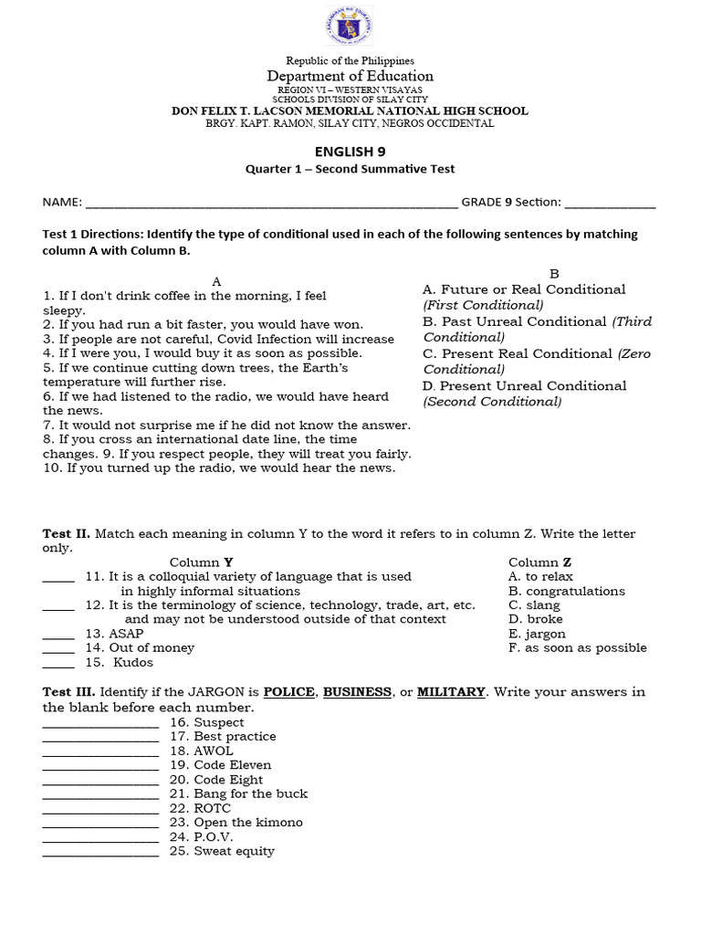 ENG 9 2nd Summative Test Conditionals and Jargons | PDF
