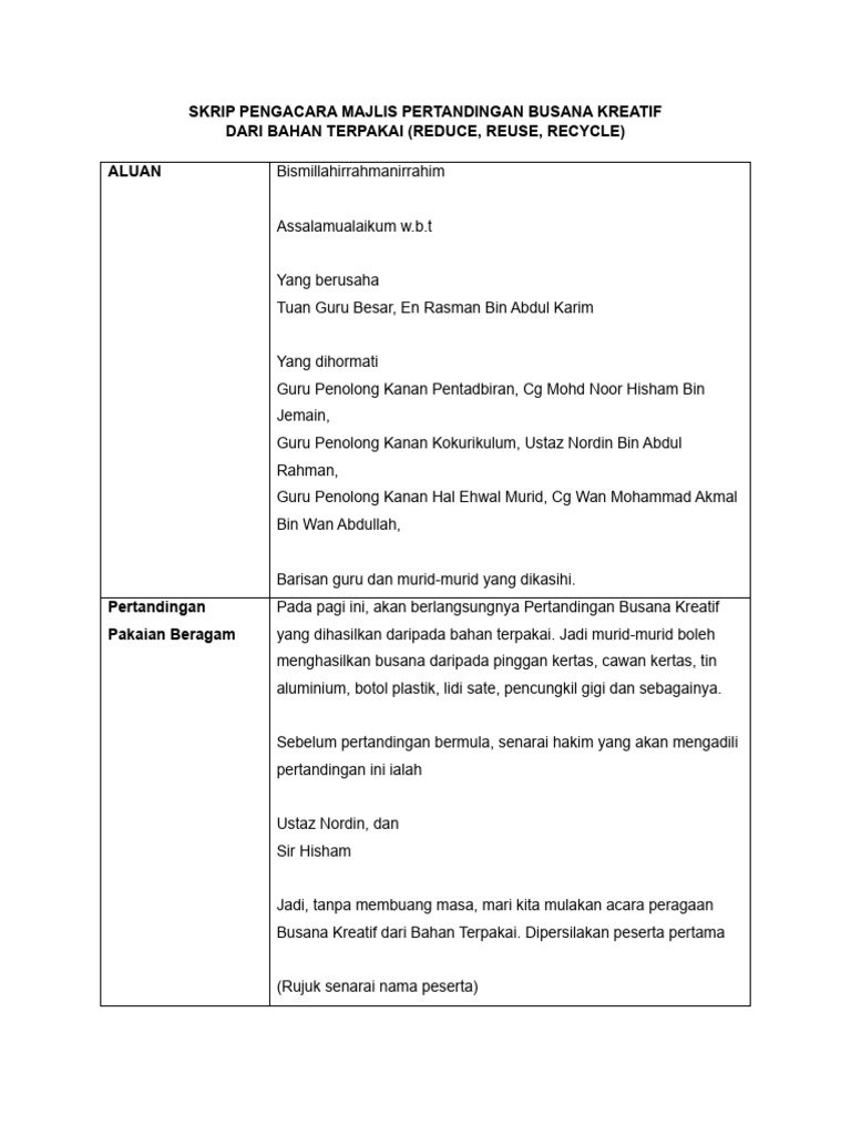 Skrip Pengacara Majlis Pertandingan Busana Kreatif | PDF