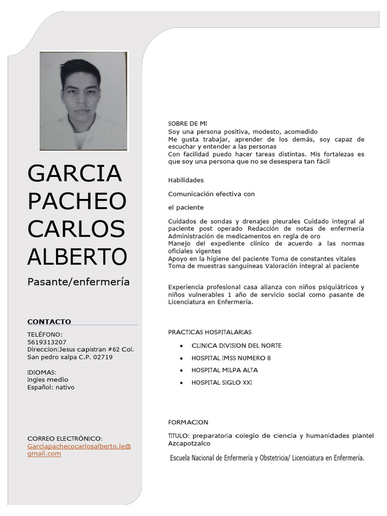 CV Carlos Alberto Garcia Pacheco | PDF | Enfermería | Hospital