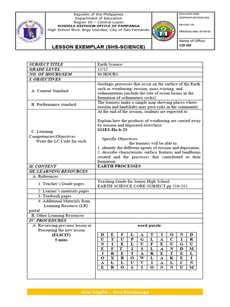 LESSON EXEMPLAR SHS Earth Science S11ES-IIa-b-23 | PDF
