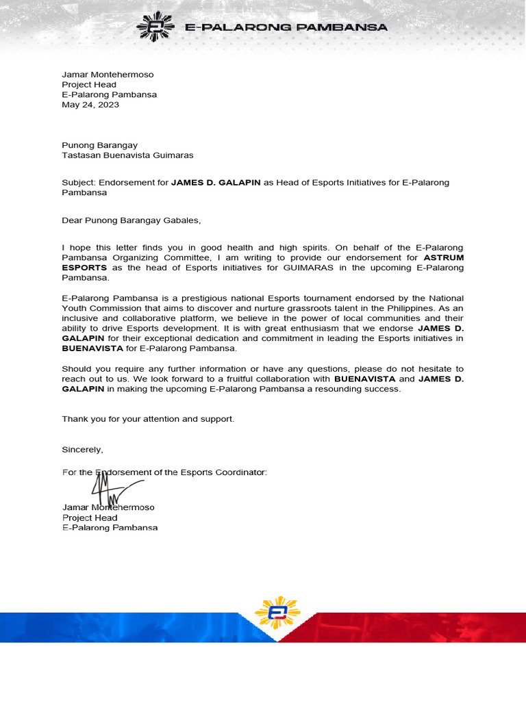E-Palaro EC Endorsement Letter | PDF