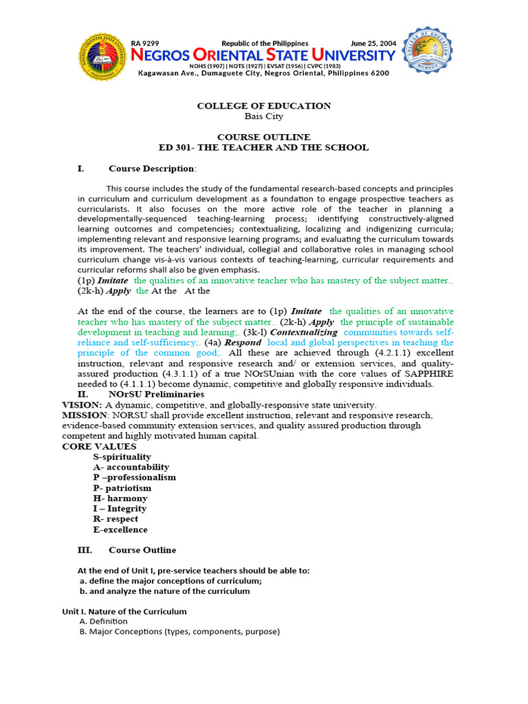 Course Outline ED 301 3RD YEAR 1ST SEM | PDF | Curriculum | Evaluation